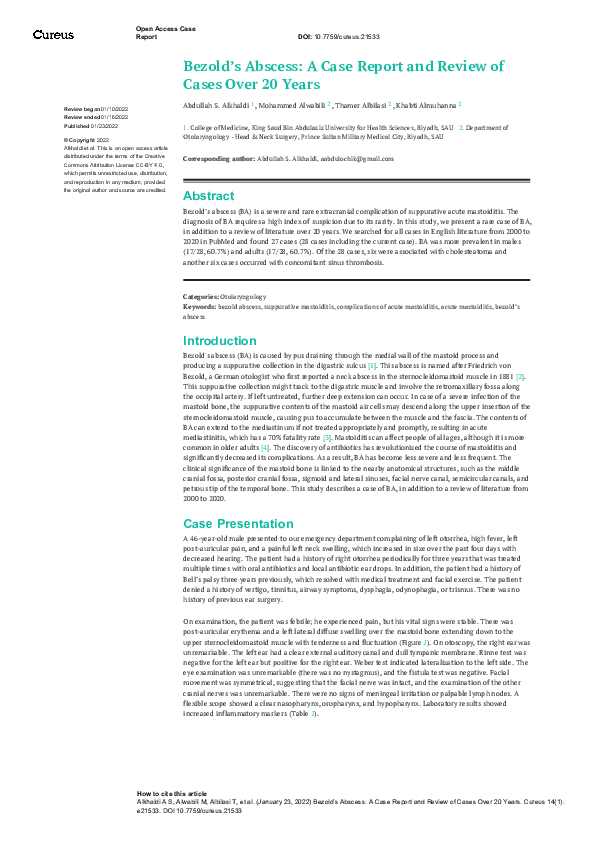 (PDF) Bezold’s Abscess: A Case Report and Review of Cases Over 20 Years