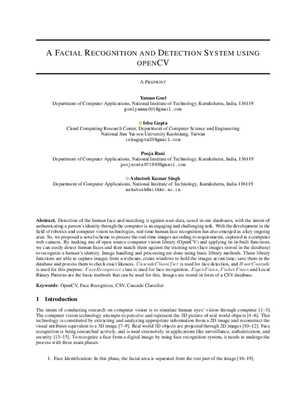 (PDF) A Facial Recognition and Detection System using openVC | Ishu Gupta - Academia.edu