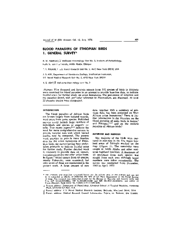 (PDF) Blood Parasites of Ethiopian Birds 1. General Survey