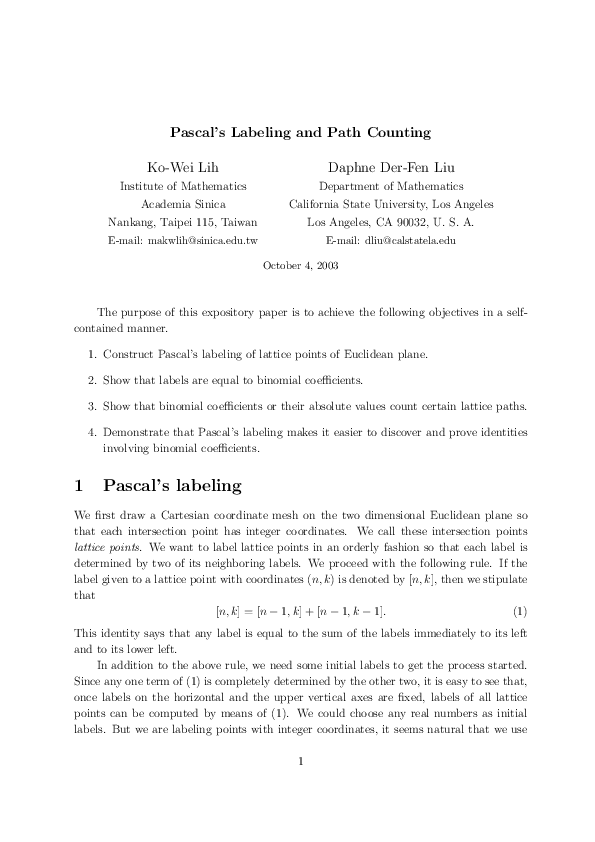 (PDF) Pascal ’ s Labeling and Path Counting