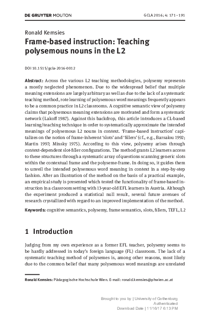 (PDF) Frame-based instruction: Teaching polysemous nouns in the L2