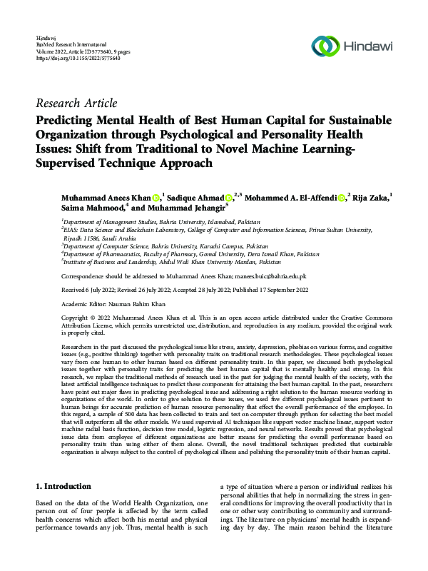 Pdf Predicting Mental Health Of Best Human Capital For Sustainable Organization Through