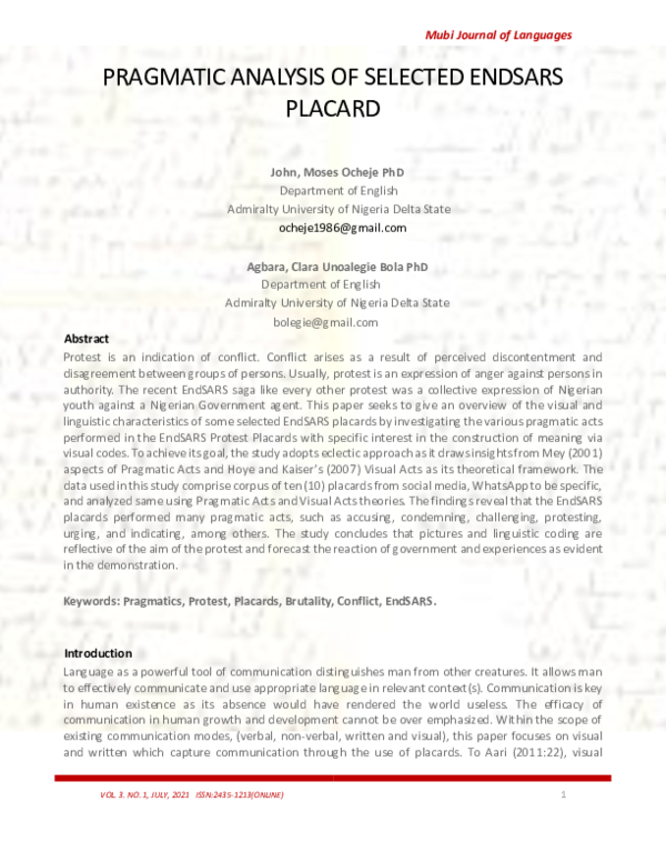 (PDF) PRAGMATIC ANALYSIS OF SELECTED ENDSARS PLACARD