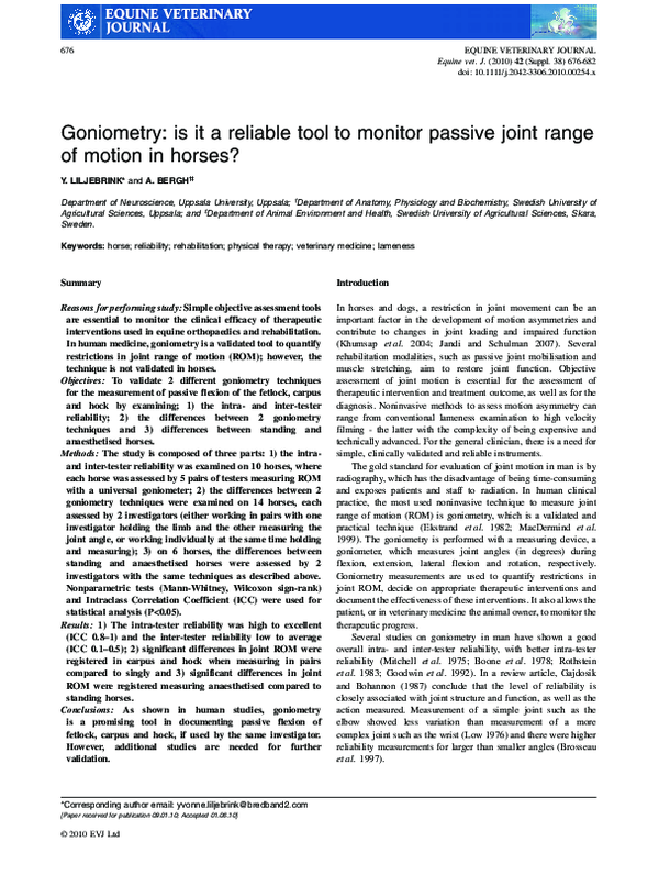 (PDF) Goniometry: is it a reliable tool to monitor passive joint range of motion in horses?