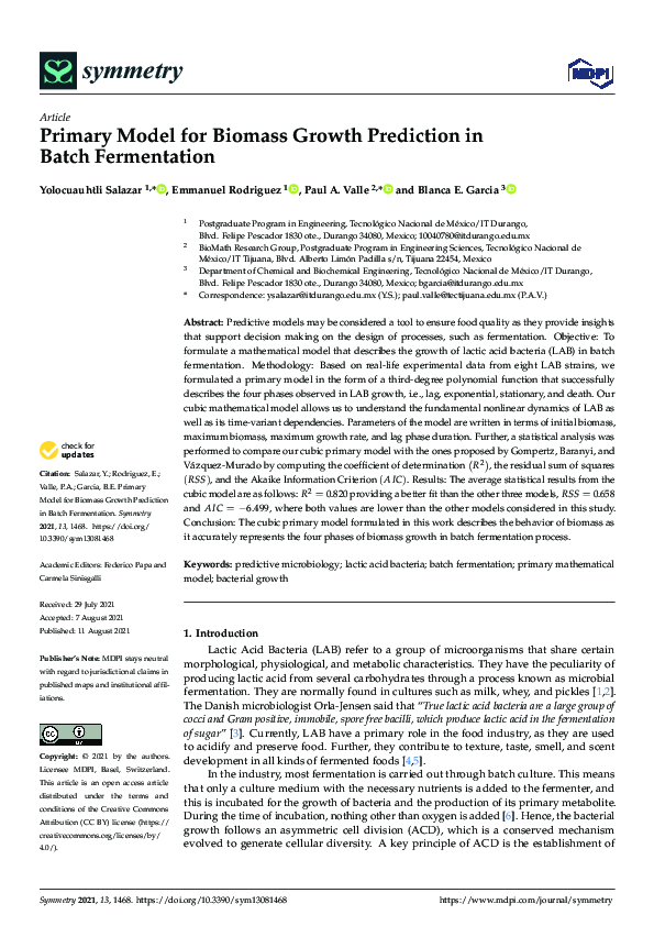 (PDF) Primary Model for Biomass Growth Prediction in Batch Fermentation