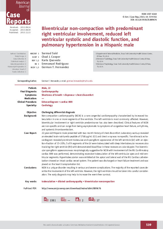 (PDF) Biventricular non-compaction with predominant right ventricular ...