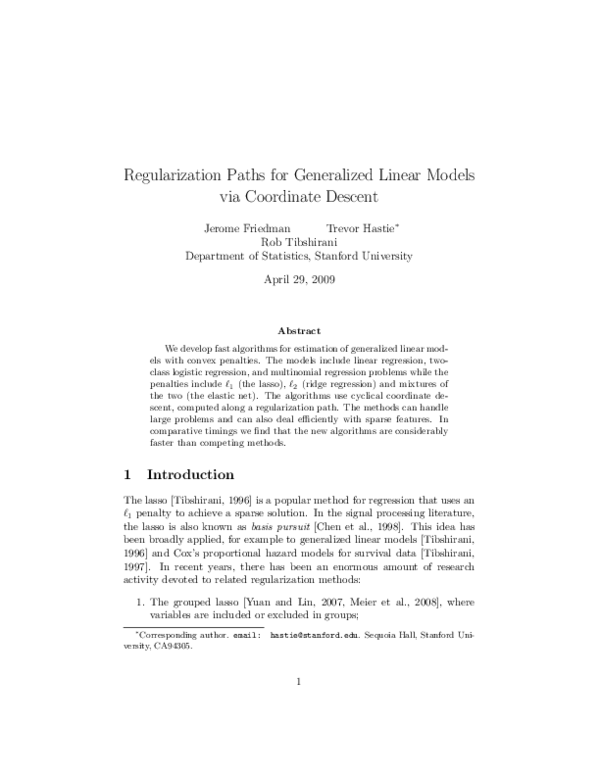 Pdf Regularization Paths For Generalized Linear Models Via Coordinate Descent