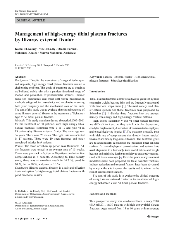 (PDF) Management of high-energy tibial plateau fractures by Ilizarov external fixator