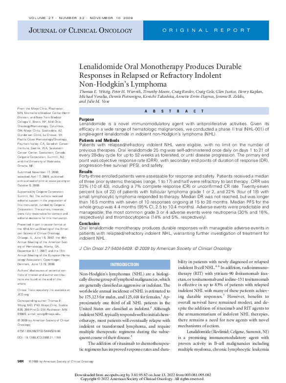 (PDF) Lenalidomide Oral Monotherapy Produces Durable Responses in Relapsed or Refractory ...