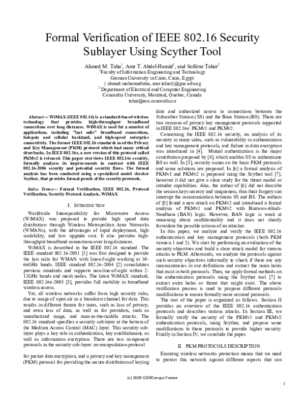 (PDF) Formal Verification of IEEE 802.16 Security Sublayer Using Scyther Tool