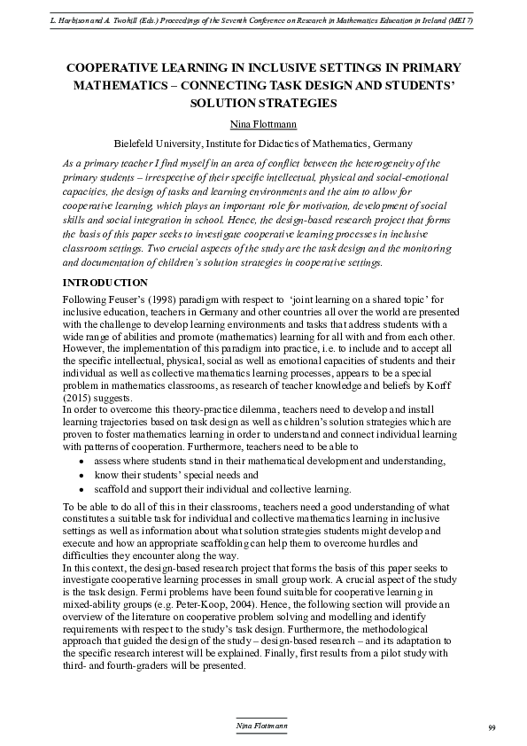 (PDF) Cooperative Learning in Inclusive Settings in Primary Mathematics – Connecting Task Design ...