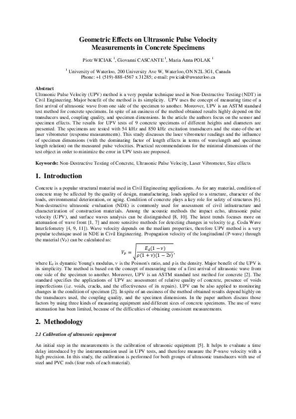 (PDF) Geometric effects on Ultrasonic Pulse Velocity Method for ...