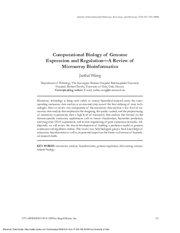 (PDF) Computational Biology of Genome Expression and Regulation A Review of Microarray ...
