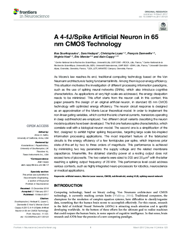 (PDF) A 4-fJ/Spike Artificial Neuron in 65 nm CMOS Technology