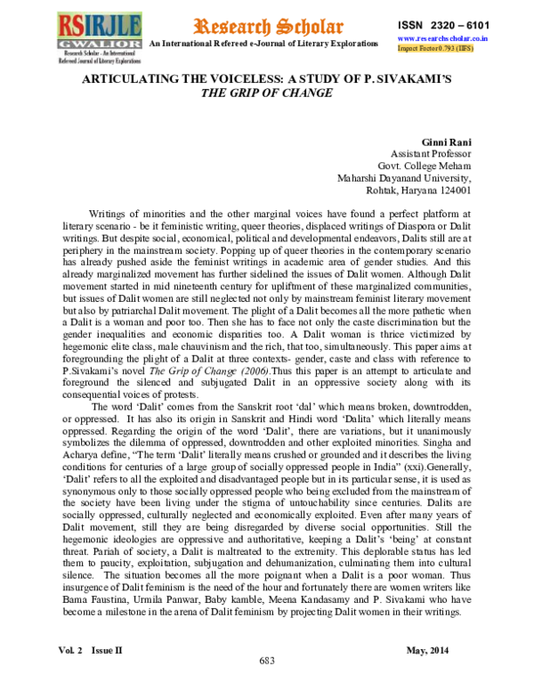 (PDF) Articulating the Voiceless : A Study of P . Sivakami ’ S the Grip ...