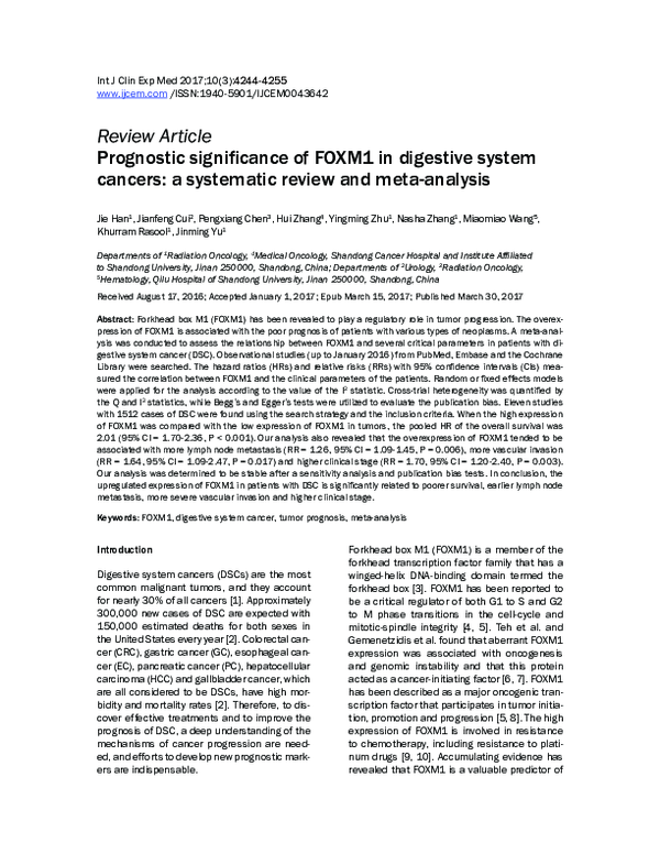 (PDF) Prognostic significance of FOXM 1 in digestive system cancers : a ...