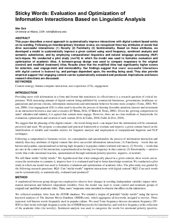 (PDF) Sticky words: Evaluation and optimization of information interactions based on linguistic ...