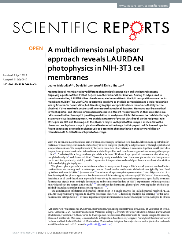 (PDF) A multidimensional phasor approach reveals LAURDAN photophysics in NIH-3T3 cell membranes