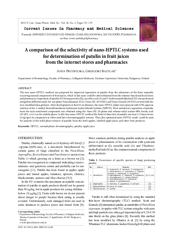 Pdf A Comparison Of The Selectivity Of Nano Hptlc Systems Used For Determination Of Patulin In