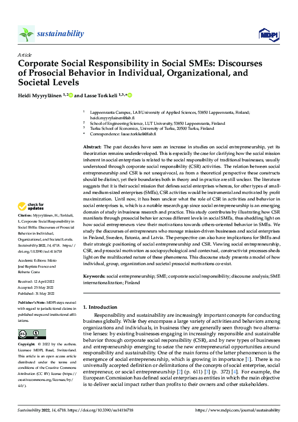 (PDF) Corporate Social Responsibility in Social SMEs: Discourses of ...