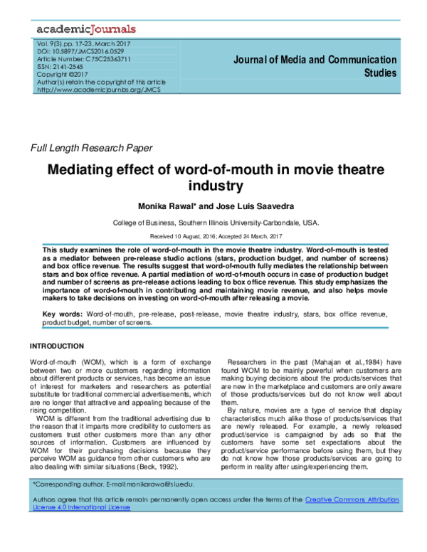 (PDF) Mediating effect of word-of-mouth in movie theatre industry