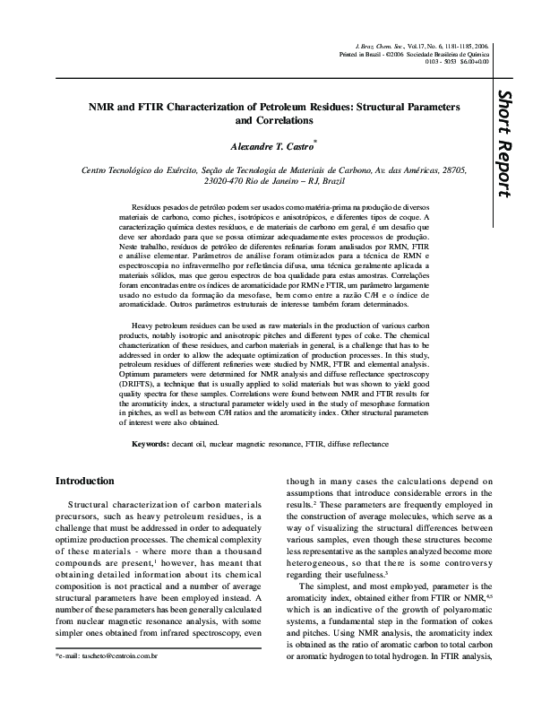(PDF) NMR and FTIR characterization of petroleum residues: structural ...