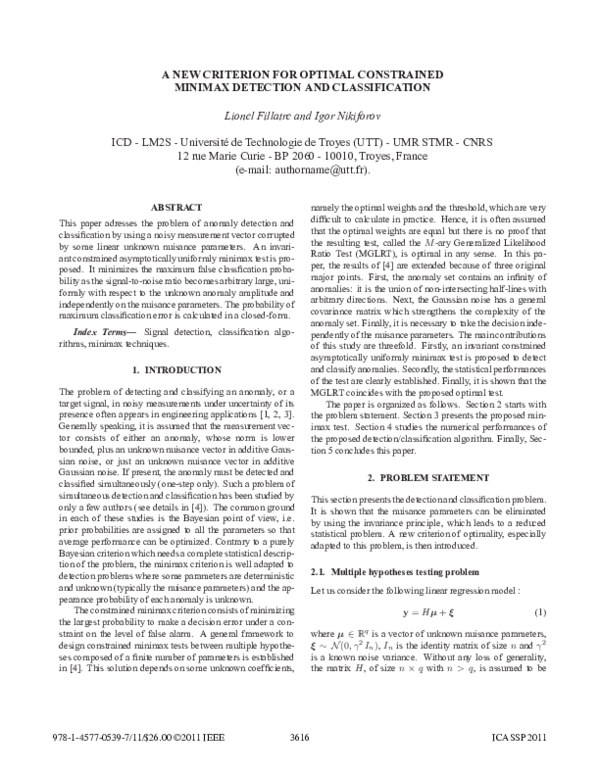 Pdf A New Criterion For Optimal Constrained Minimax Detection And Classification Lionel