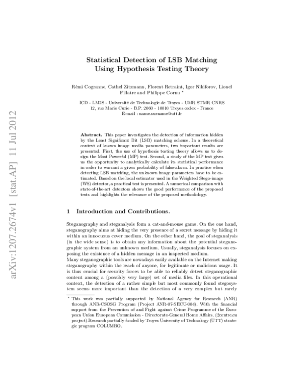 Pdf Statistical Detection Of Lsb Matching Using Hypothesis Testing