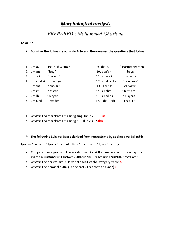 (PDF) A practical exercises for morphological analysis with correction prepared by : Mohammed ...