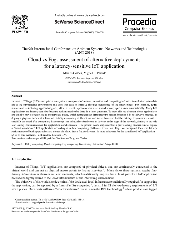 (PDF) Cloud vs Fog: assessment of alternative deployments for a latency-sensitive IoT application