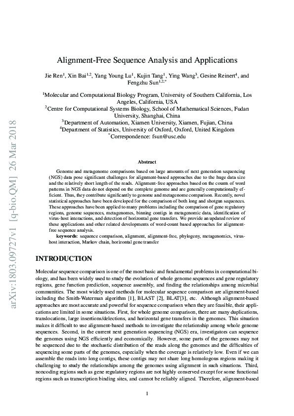 (PDF) Alignment-Free Sequence Analysis and Applications