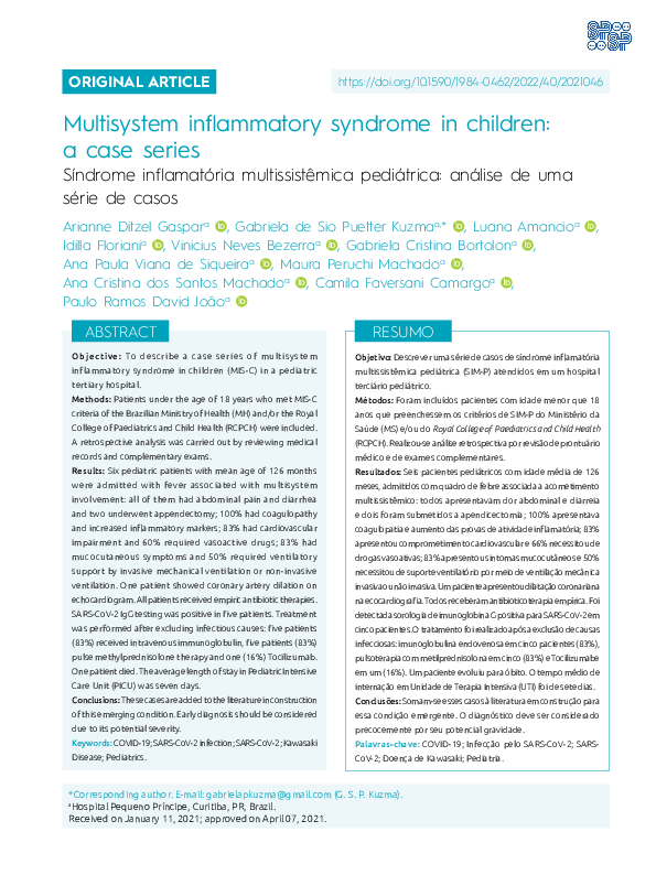 (PDF) Multisystem inflammatory syndrome in children: a case series