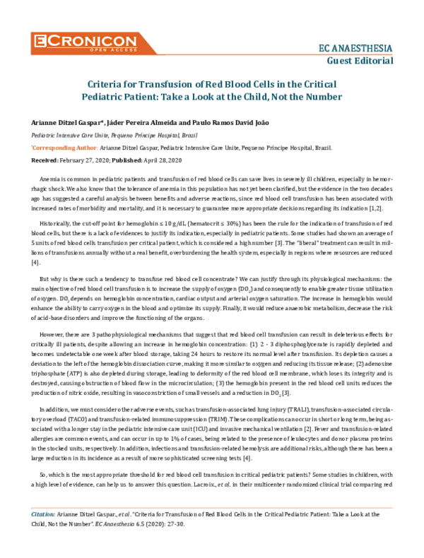 (PDF) Criteria for Transfusion of Red Blood Cells in the ...