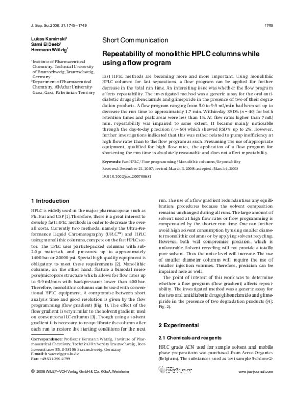 Pdf Repeatability Of Monolithic Hplc Columns While Using A Flow Program
