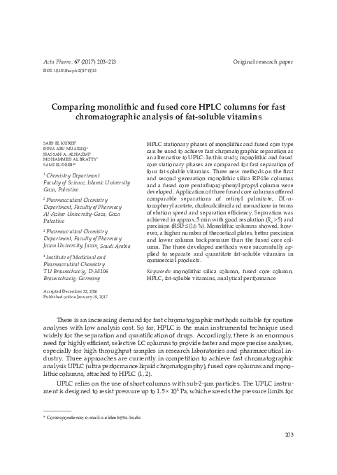 Pdf Comparing Monolithic And Fused Core Hplc Columns For Fast