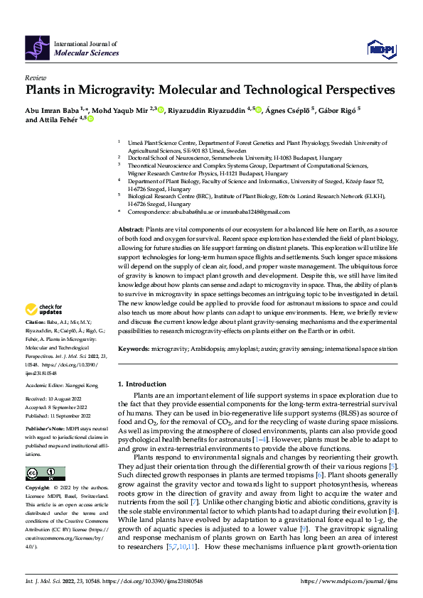 (PDF) Plants in Microgravity: Molecular and Technological Perspectives