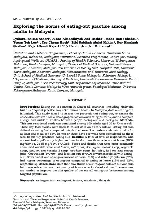 (PDF) Exploring the norms of eating-out practice among adults in Malaysia