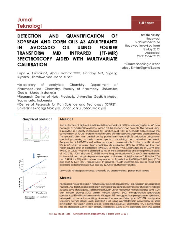 Pdf Detection And Quantification Of Soybean And Corn Oils As Adulterants In Avocado Oil Using
