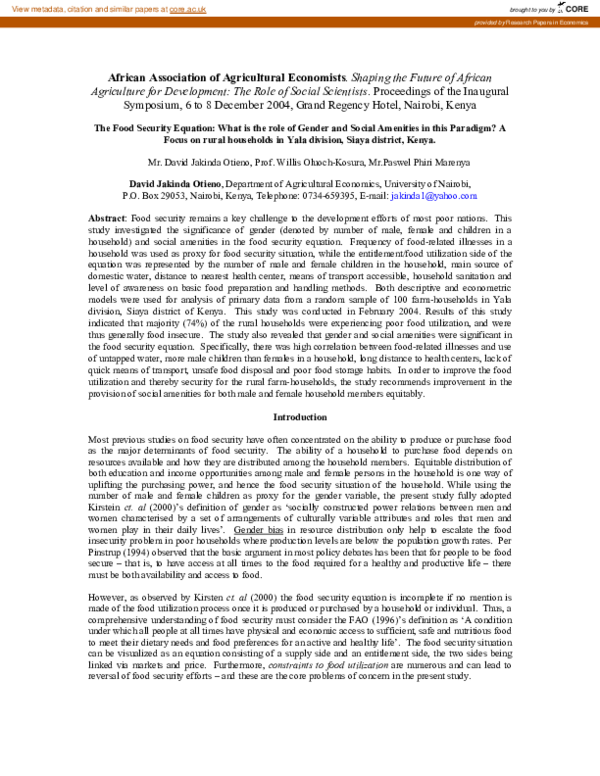 (PDF) The Food Security Equation: What is the Role of Gender and Social ...