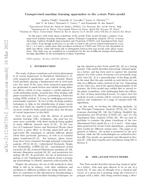 (PDF) Unsupervised machine learning approaches to the $q$-state Potts model
