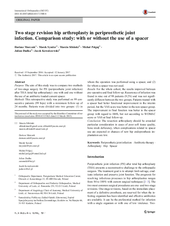 (PDF) Two stage revision hip arthroplasty in periprosthetic joint infection. Comparison study ...