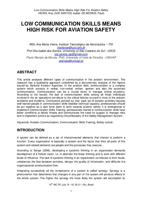 (PDF) Poor Communication Skills Means High Risk for Aviation Safety