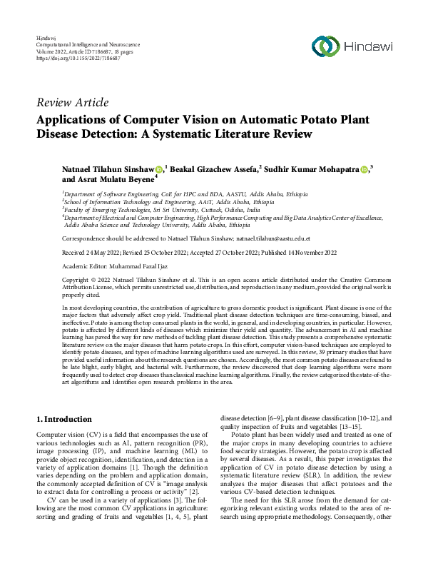 Pdf Applications Of Computer Vision On Automatic Potato Plant Disease Detection A Systematic