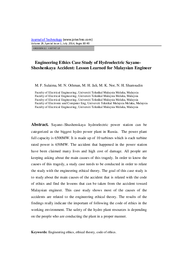 (PDF) Engineering Ethics Case Study of Hydroelectric Sayano-Sheshenkaya Accident: Lesson Learned ...