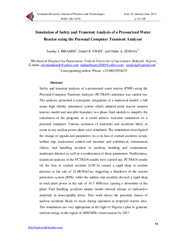 (PDF) Simulation of Safety and Transient Analysis of a Pressurized ... (PDF) Simulation of Safety and Transient Analysis of a Pressurized ...