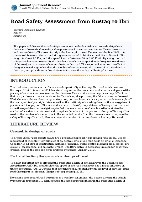 (PDF) Road Safety Assessment from Rustaq to Ibri