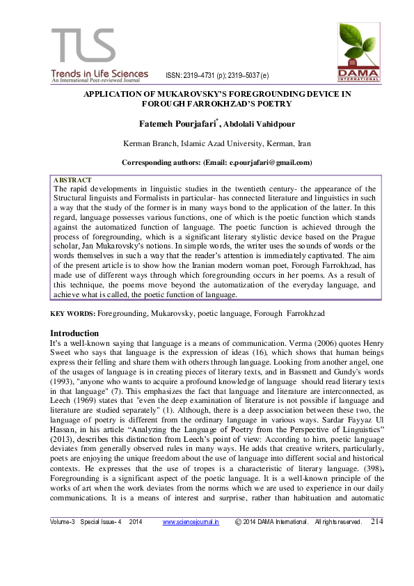 (PDF) Application of Mukarovsky's Foregrounding Device in Forough ...