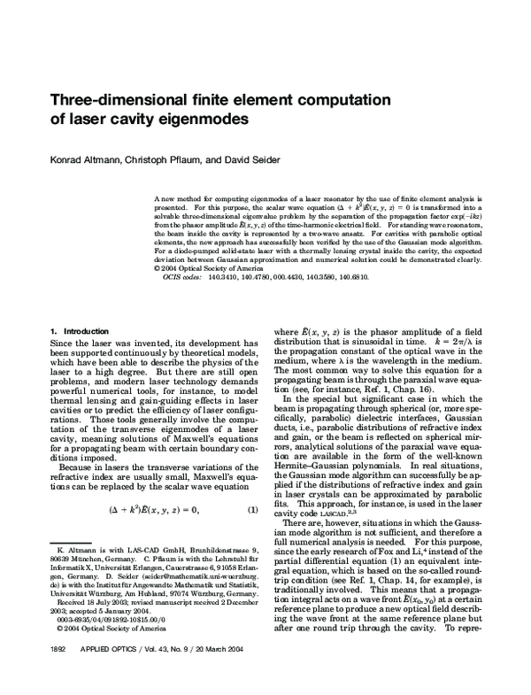 Pdf Third Dimensional Finite Element Computation Of Laser Cavity Eigenmodes