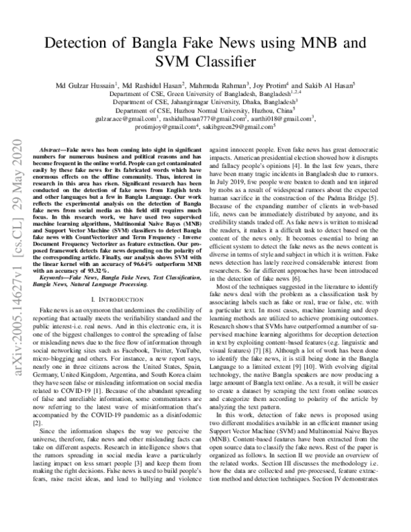 (PDF) Detection of Bangla Fake News using MNB and SVM Classifier