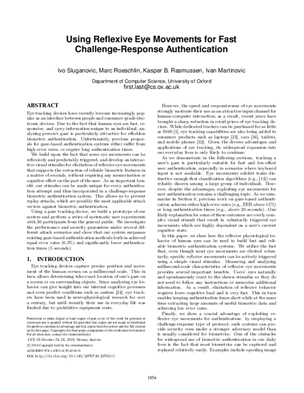 (PDF) Using Reflexive Eye Movements for Fast Challenge-Response Authentication